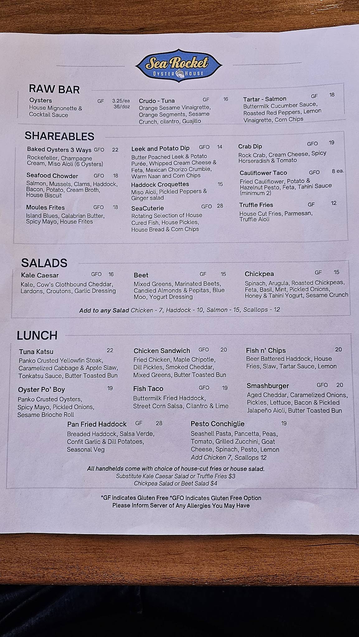 Menu at Sea Rocket Oyster House pub & bar, Charlottetown