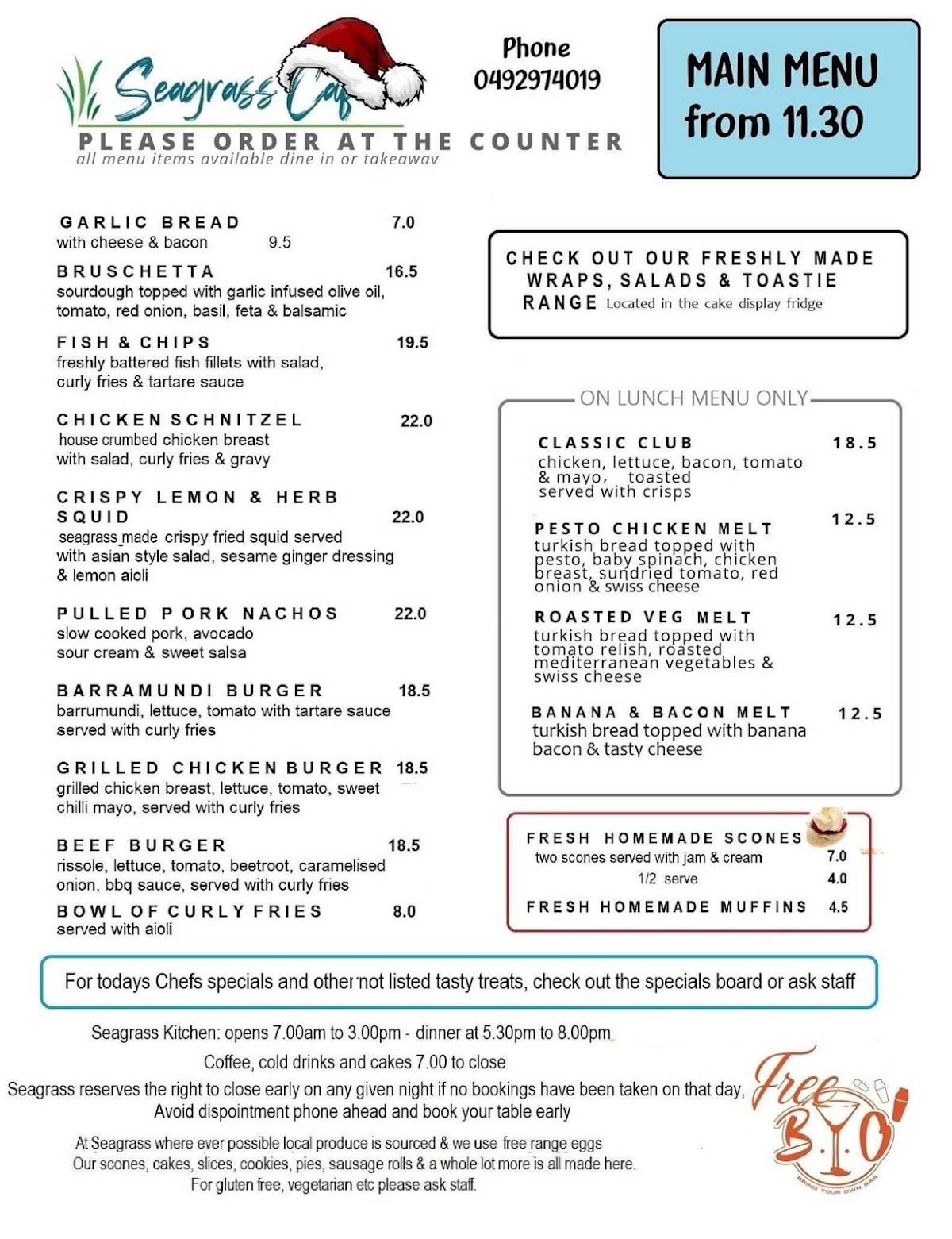 Menu at Seagrass Cafe, Tea Gardens