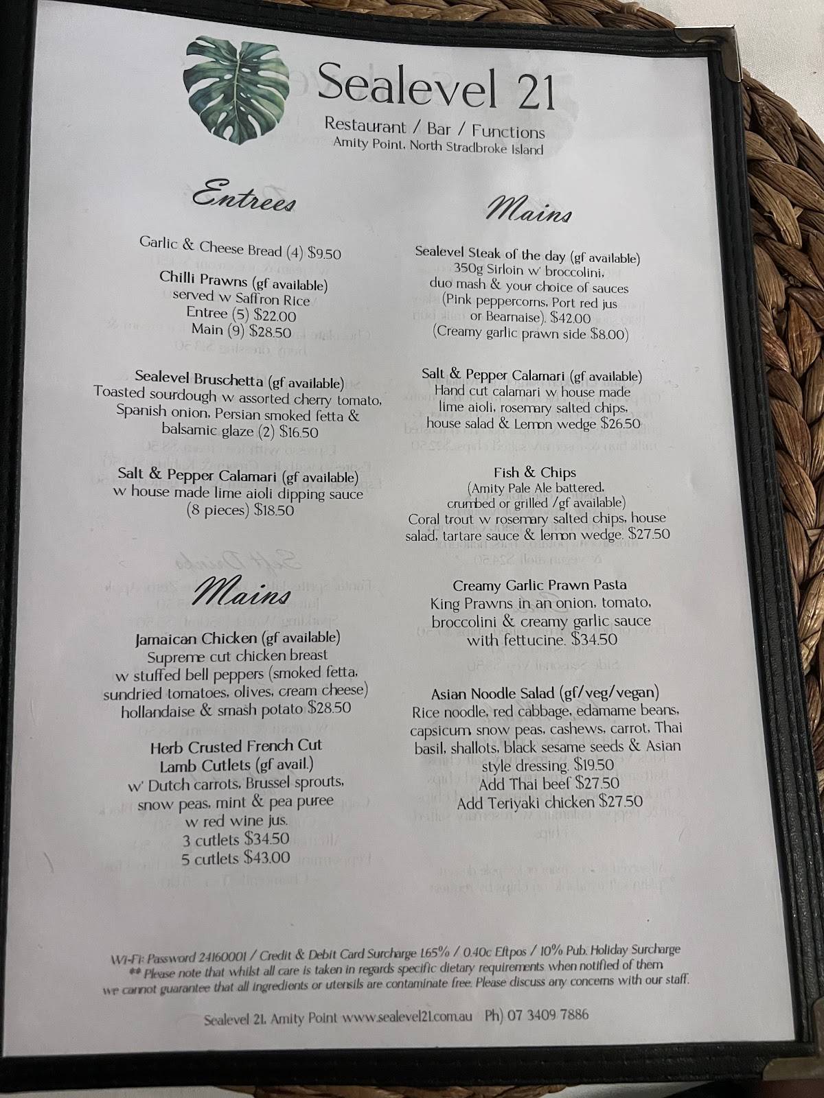 Menu at Amity Tavern restaurant, Amity Point