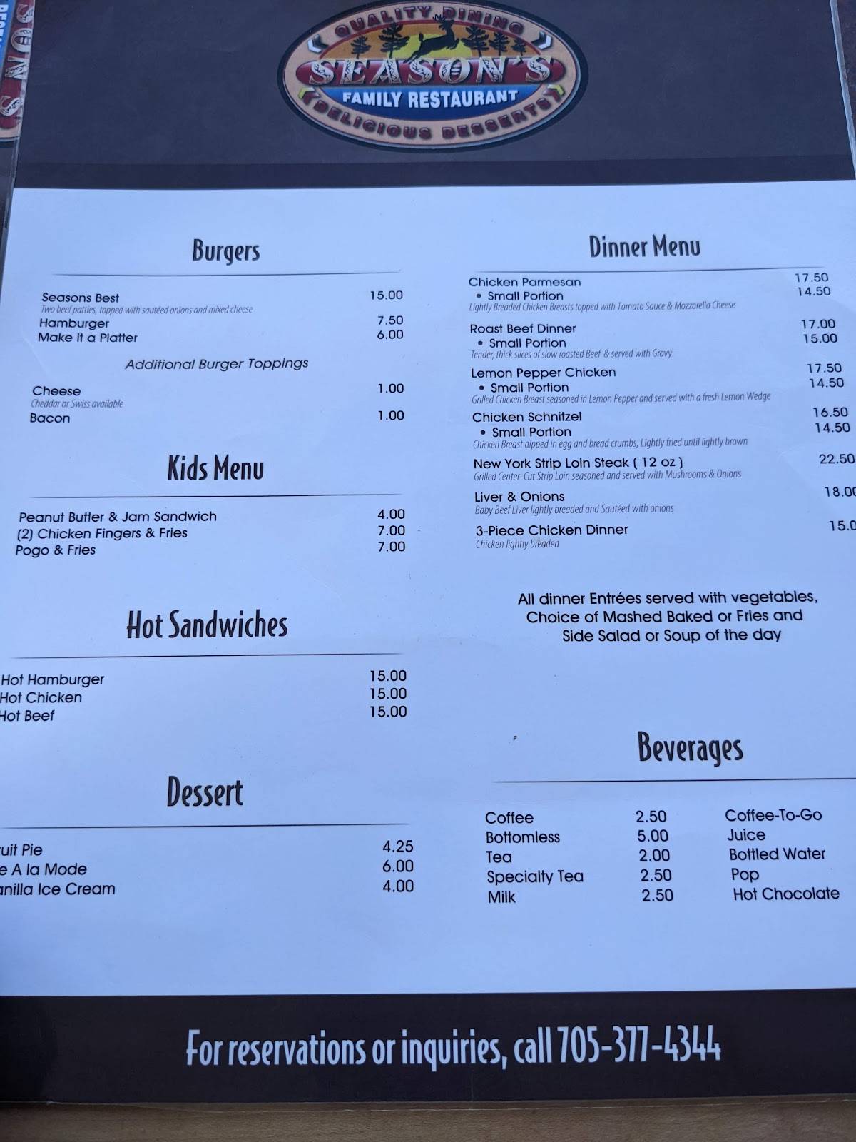 Menu at Seasons Family Restaurant, M'Chigeeng