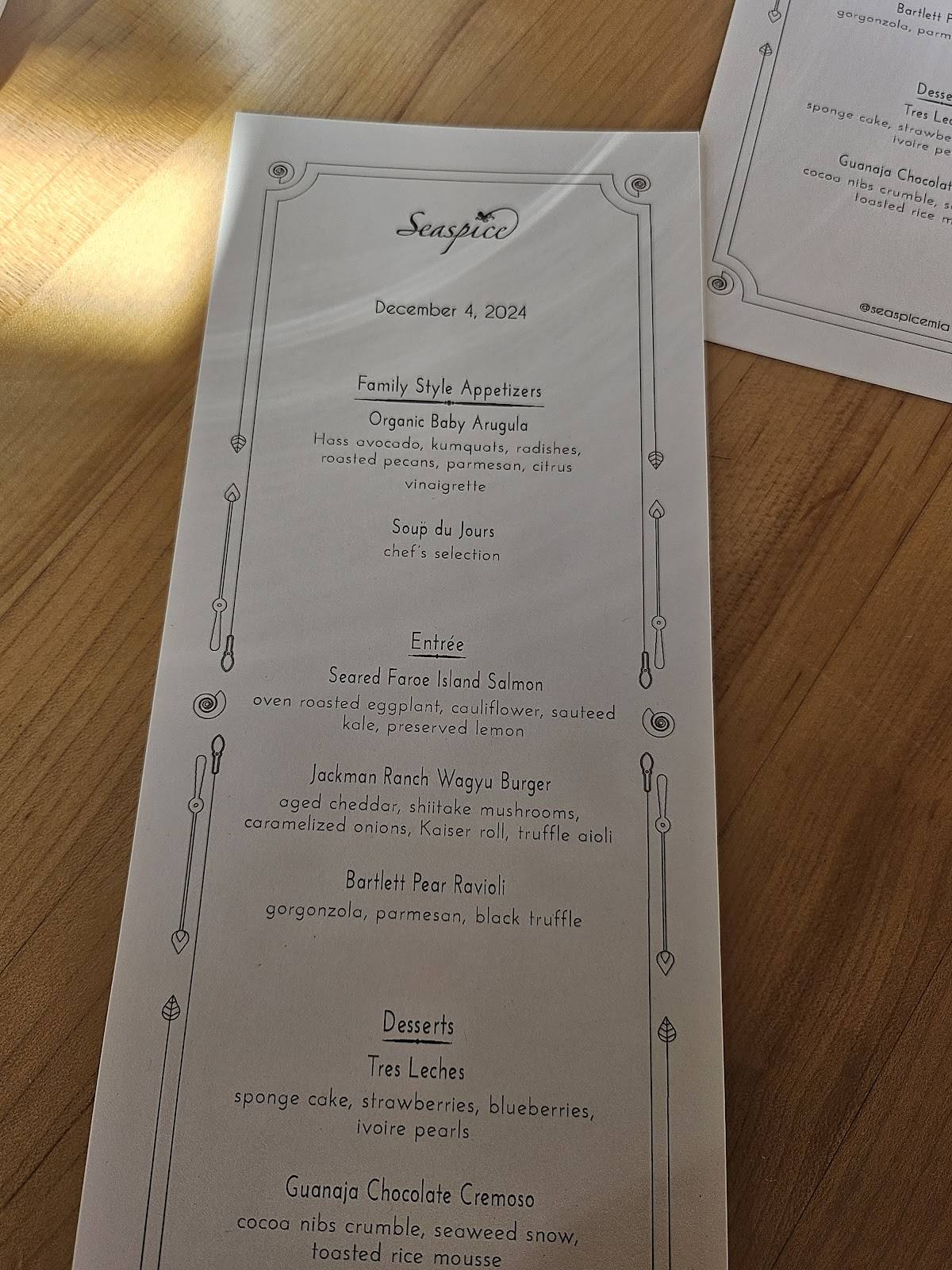Carta del restaurante Seaspice Brasserie & Lounge, Miami