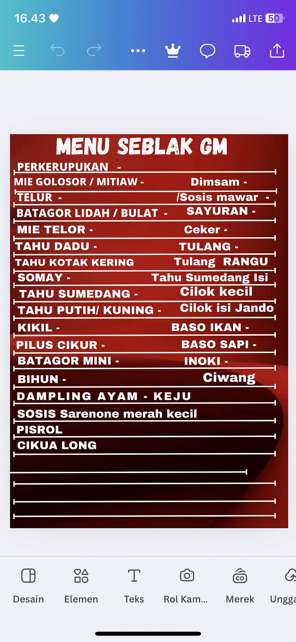 Menu at Seblak GM restaurant, Bandung