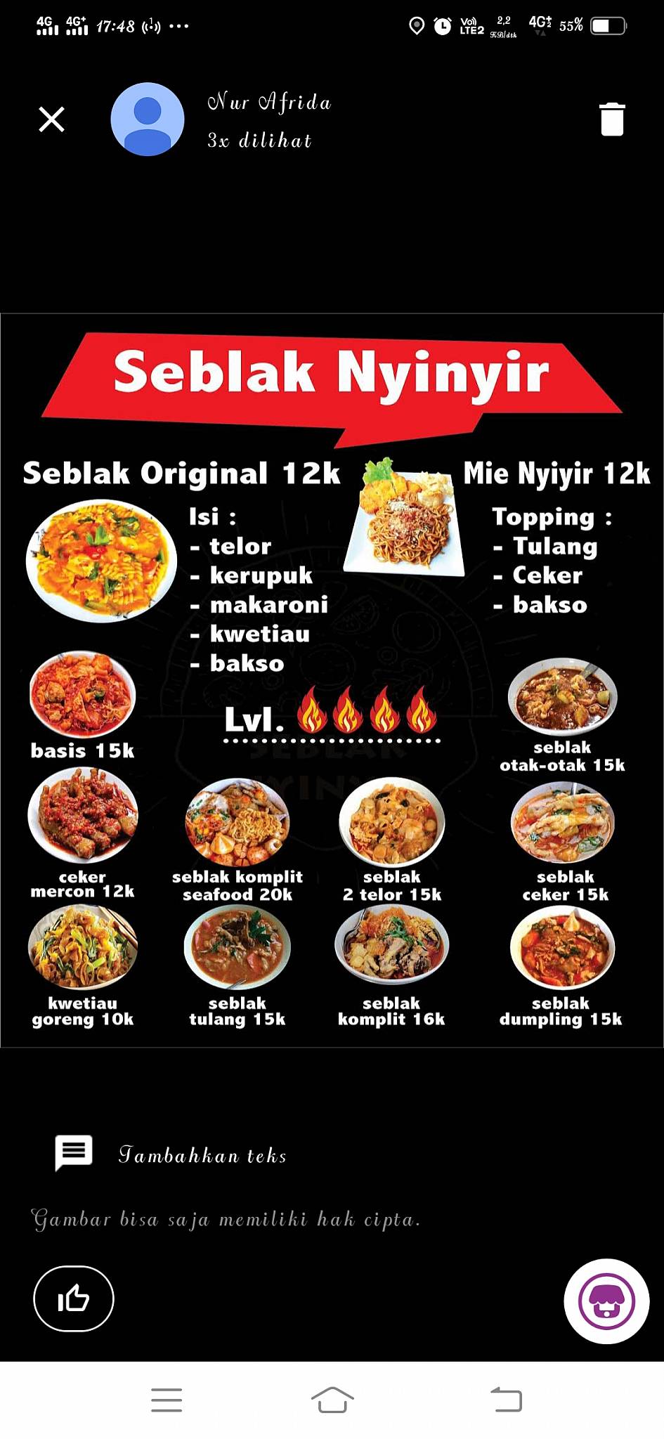 Carta del restaurante Seblak nyinyir cililitan besar, Yakarta