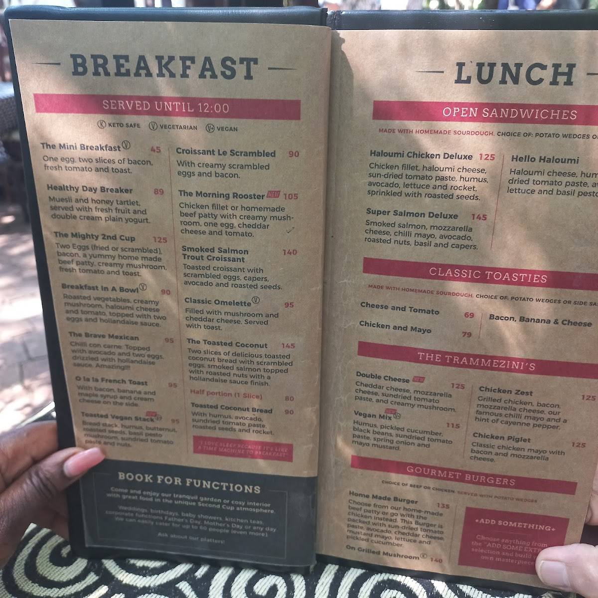 Menu at Second Cup restaurant, Johannesburg, John Vorster Rd