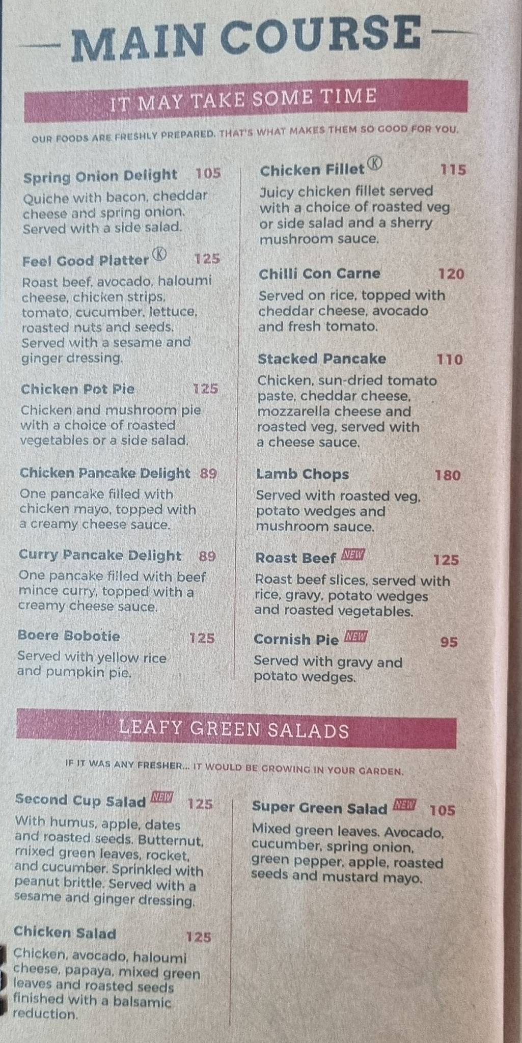 Menu at Second Cup restaurant, Johannesburg, John Vorster Rd
