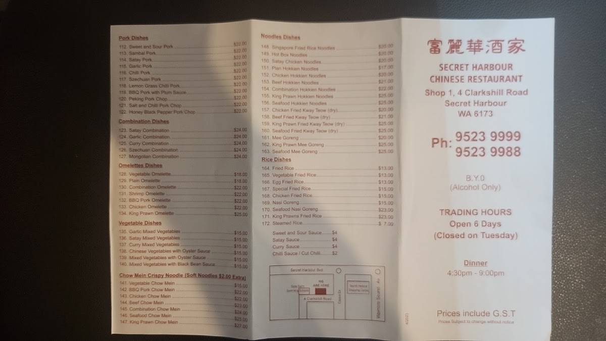 Menu at Secret Harbour Chinese Restaurant, Secret Harbour