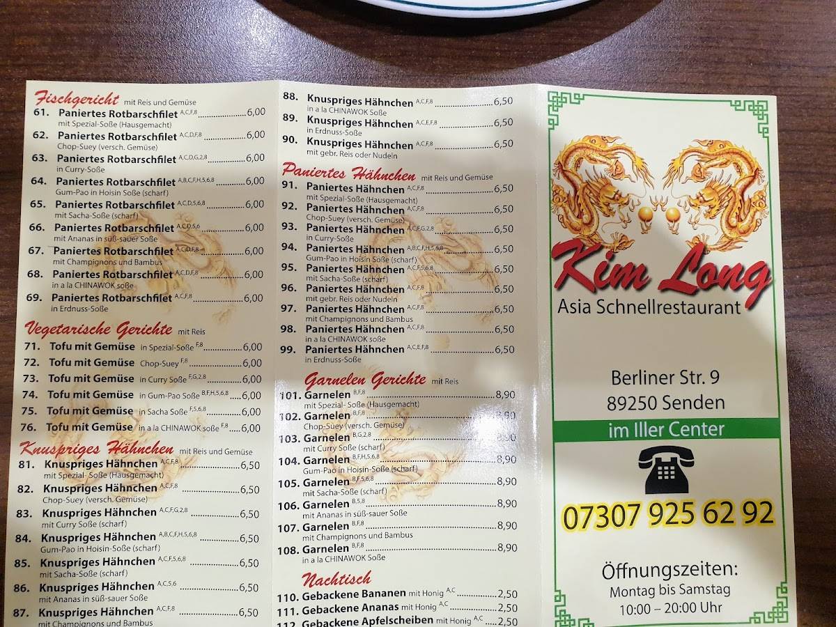 Speisekarte von Kim Long Asia Schnellrestaurant, Senden