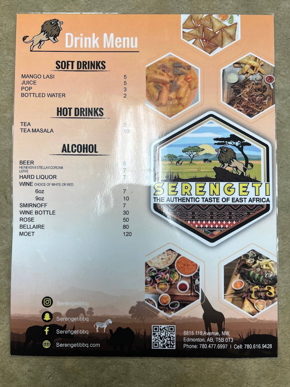 Menu at Serengeti BBQ, Edmonton