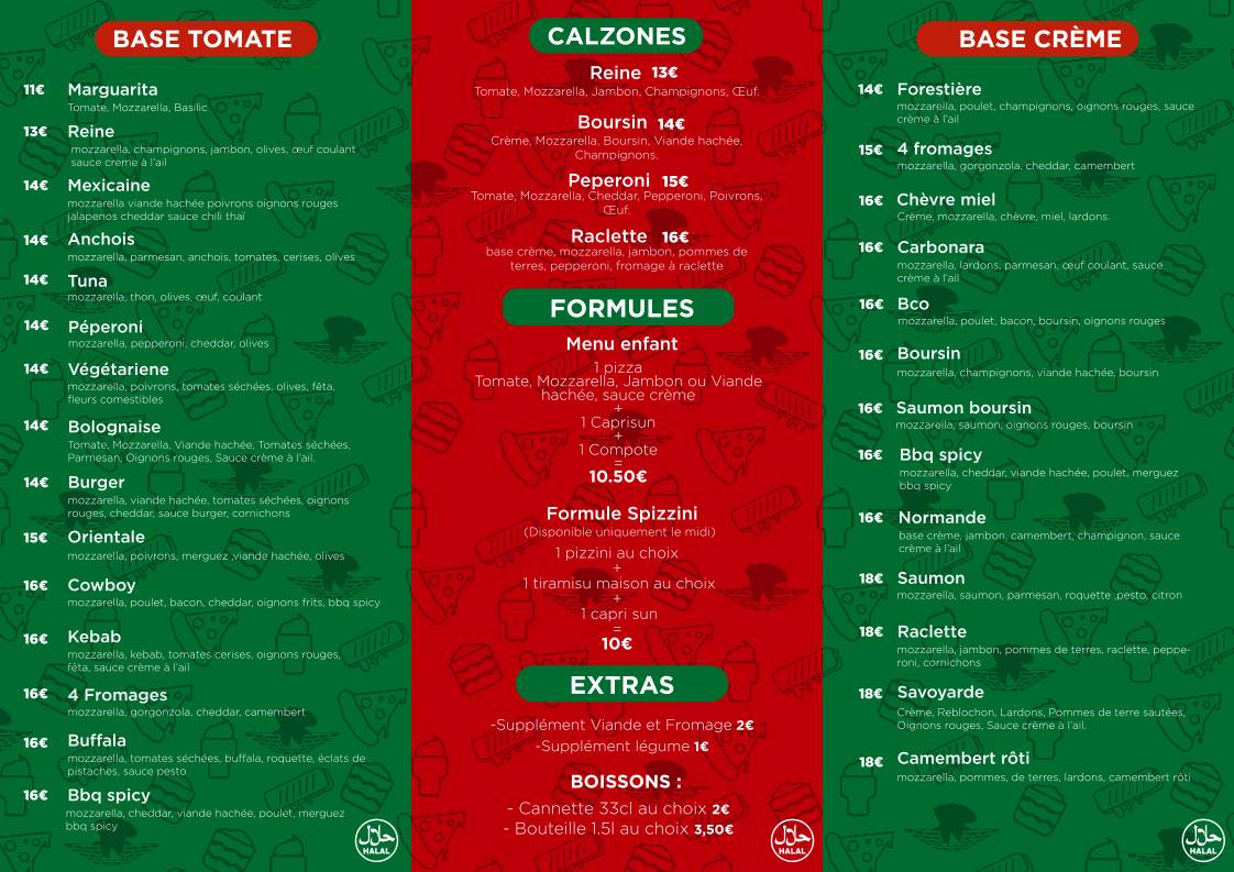 Menu au Sergio Pizzini restaurant, Le Havre