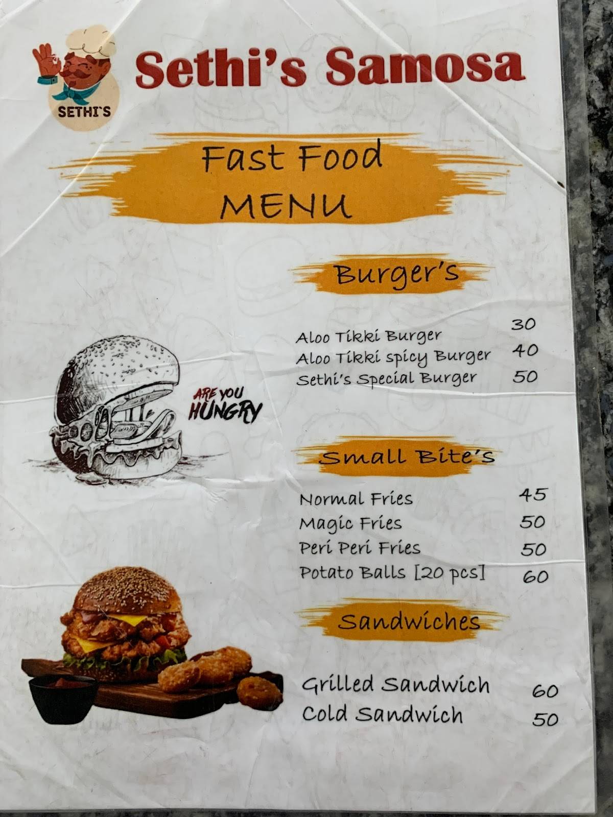 Menu at Sethi's Samosa, Sangrur
