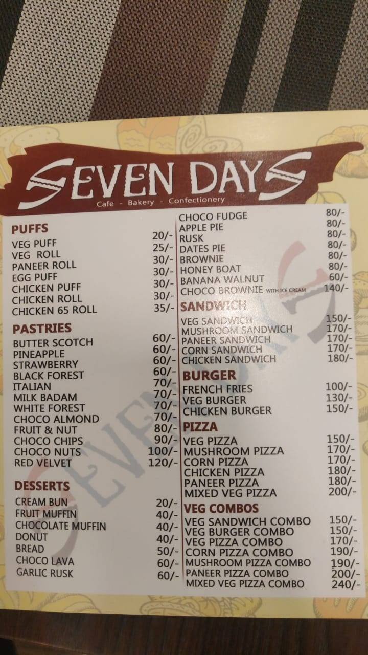 Menu at Seven Days cafe - Satyanarayana Puram, Vijayawada, Bhagat Singh Rd