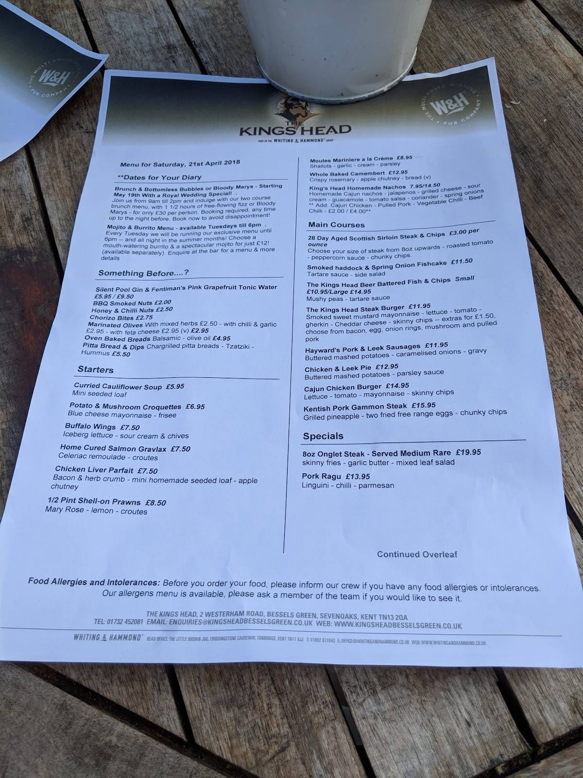 Menu at The Kings Head pub & bar, Sevenoaks
