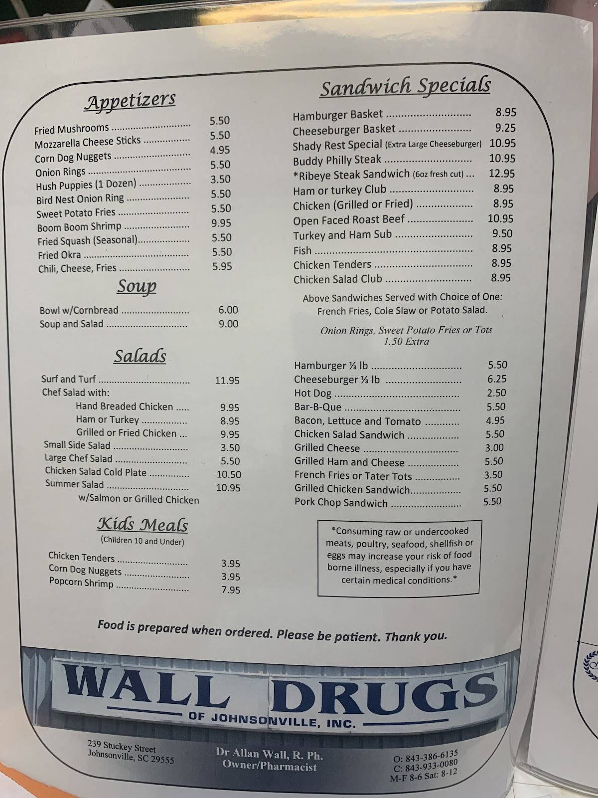 Menu at Shady Rest Family Restaurant, Johnsonville