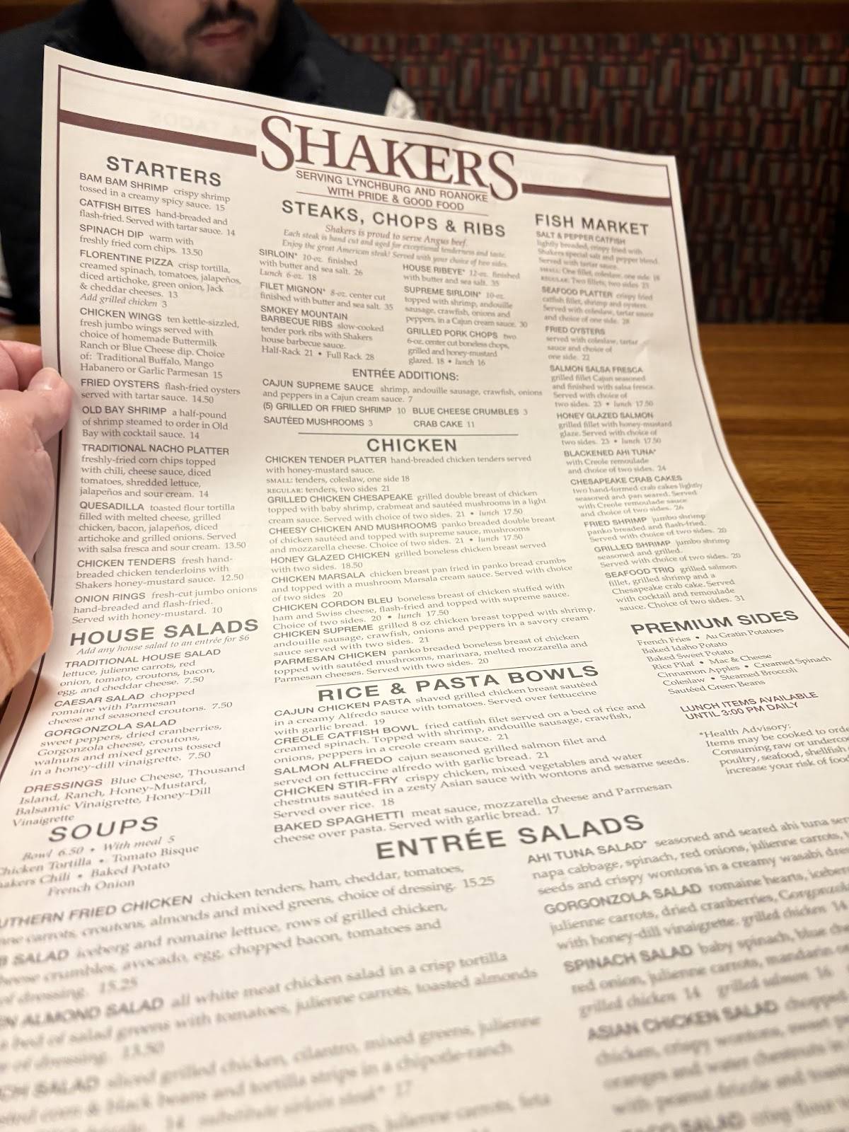 Menu at Shakers Restaurant, Lynchburg