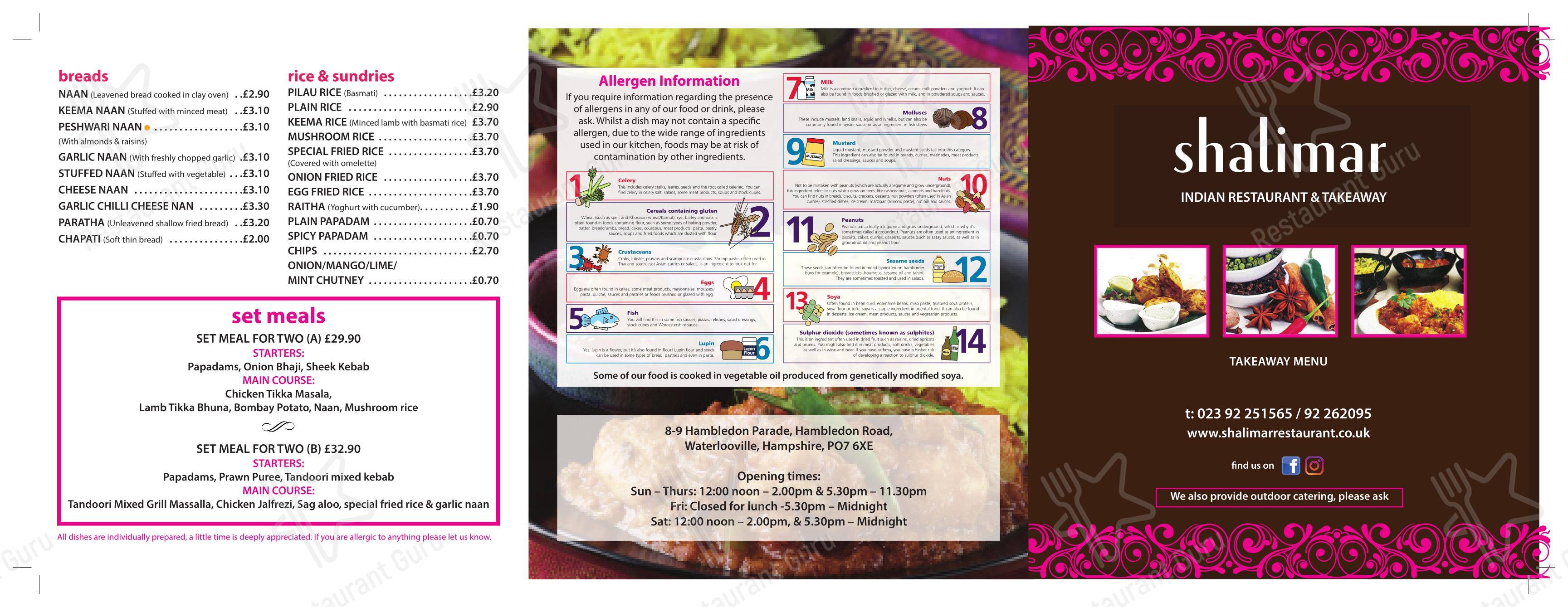 Menu at Shalimar restaurant, Waterlooville, 9 Hambledon Parade