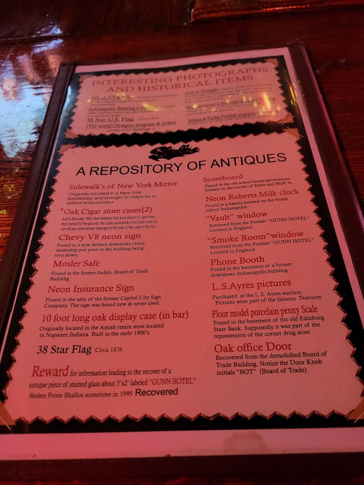 Menu at Shallo's Antique Restaurant & Brewhaus, Indianapolis