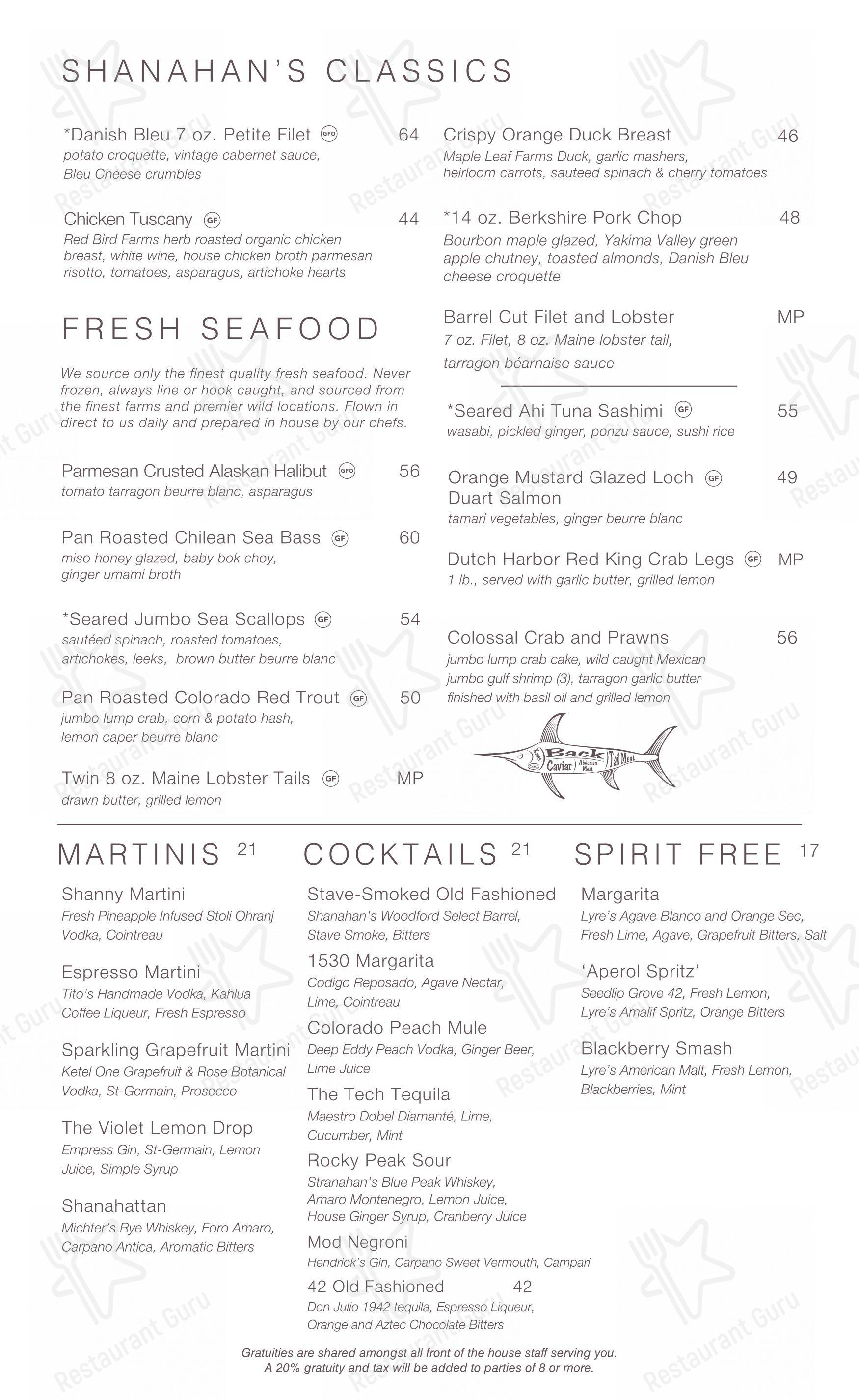 Menu at Shanahan's Steakhouse, Denver