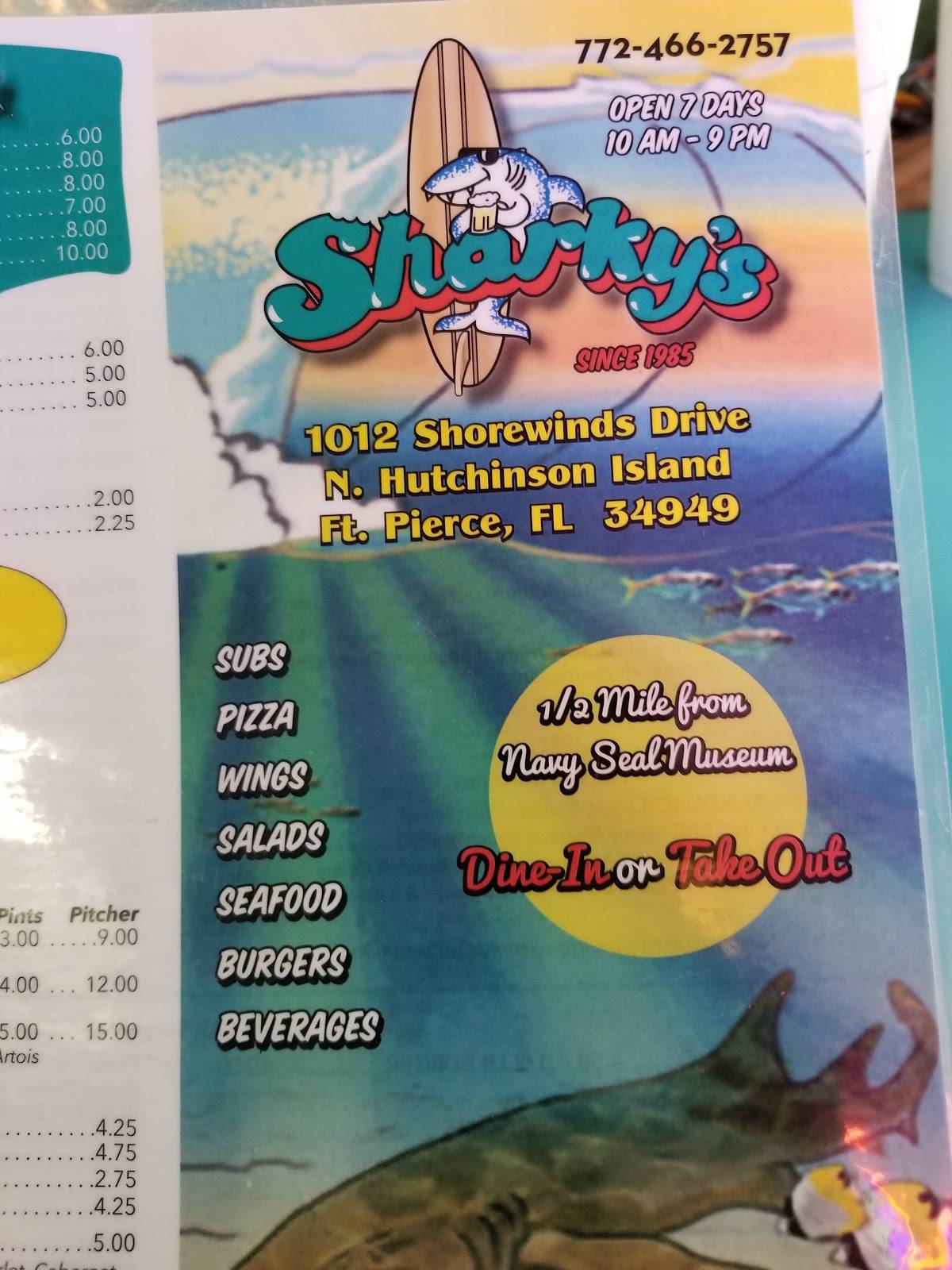 Menu at Sharky's restaurant, Fort Pierce