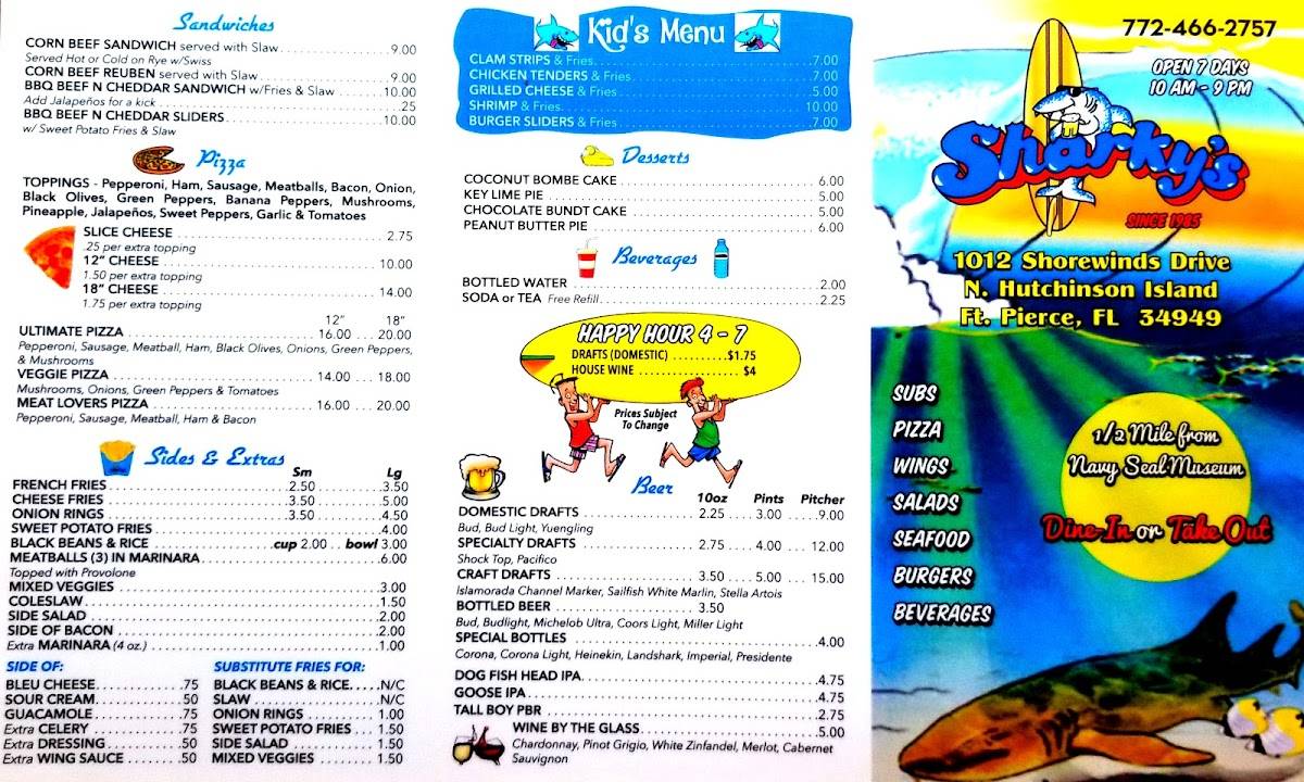Menu at Sharky's restaurant, Fort Pierce