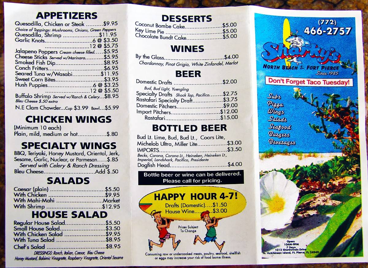 Menu at Sharky's restaurant, Fort Pierce