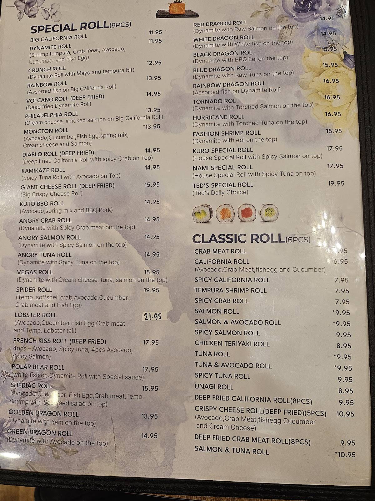 Menu at Kuro sushi restaurant, Shediac