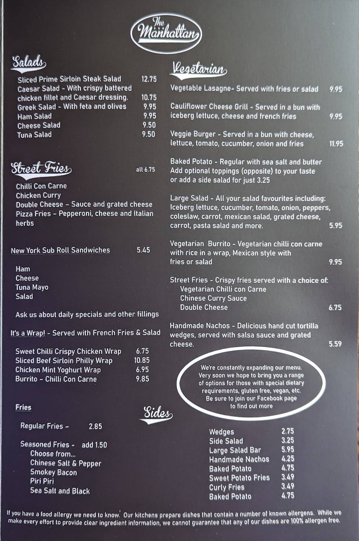 Menu at The Manhattan restaurant, Sheffield