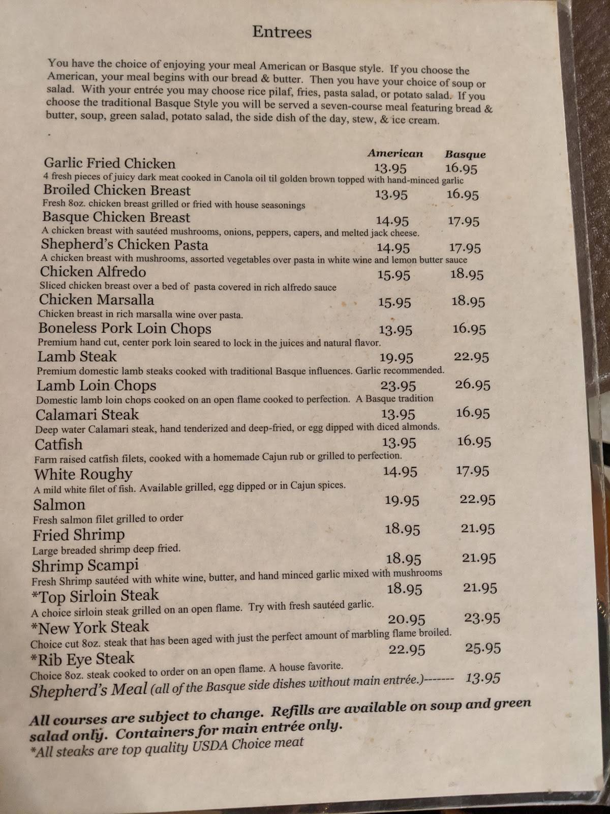Menu at Shep's Club at Shepherd's Inn, Fresno
