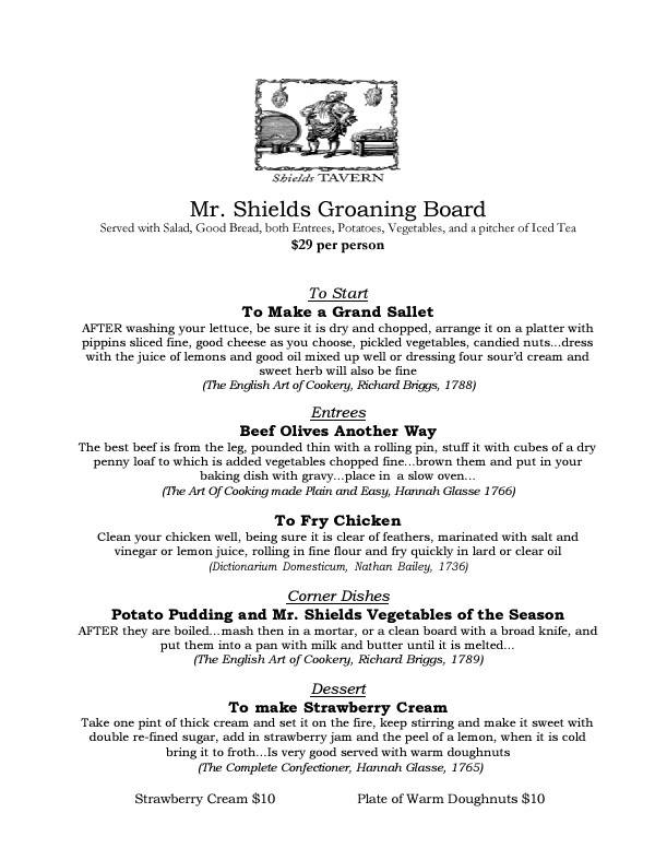 Menu at Shields Tavern restaurant, Williamsburg