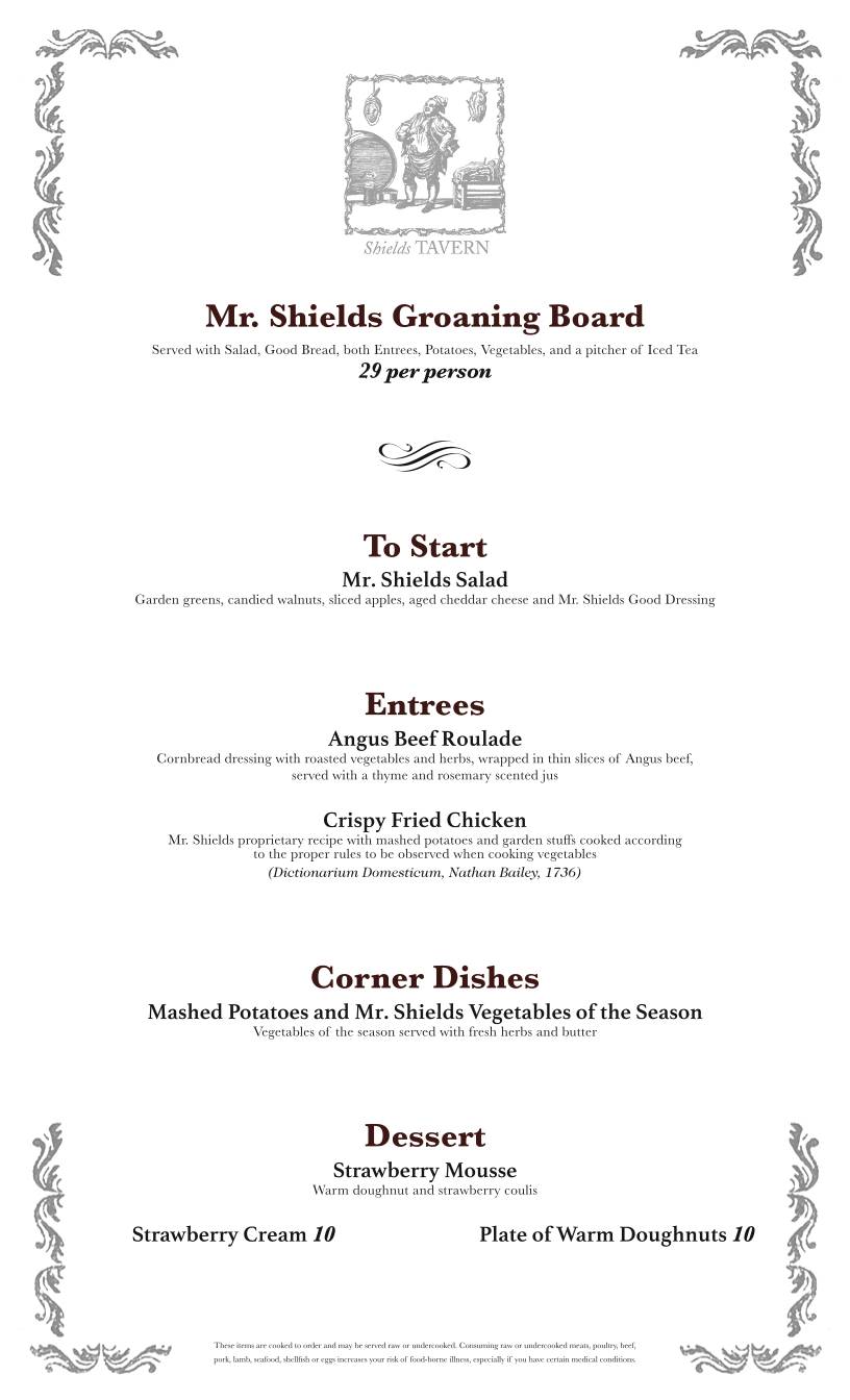 Menu at Shields Tavern restaurant, Williamsburg