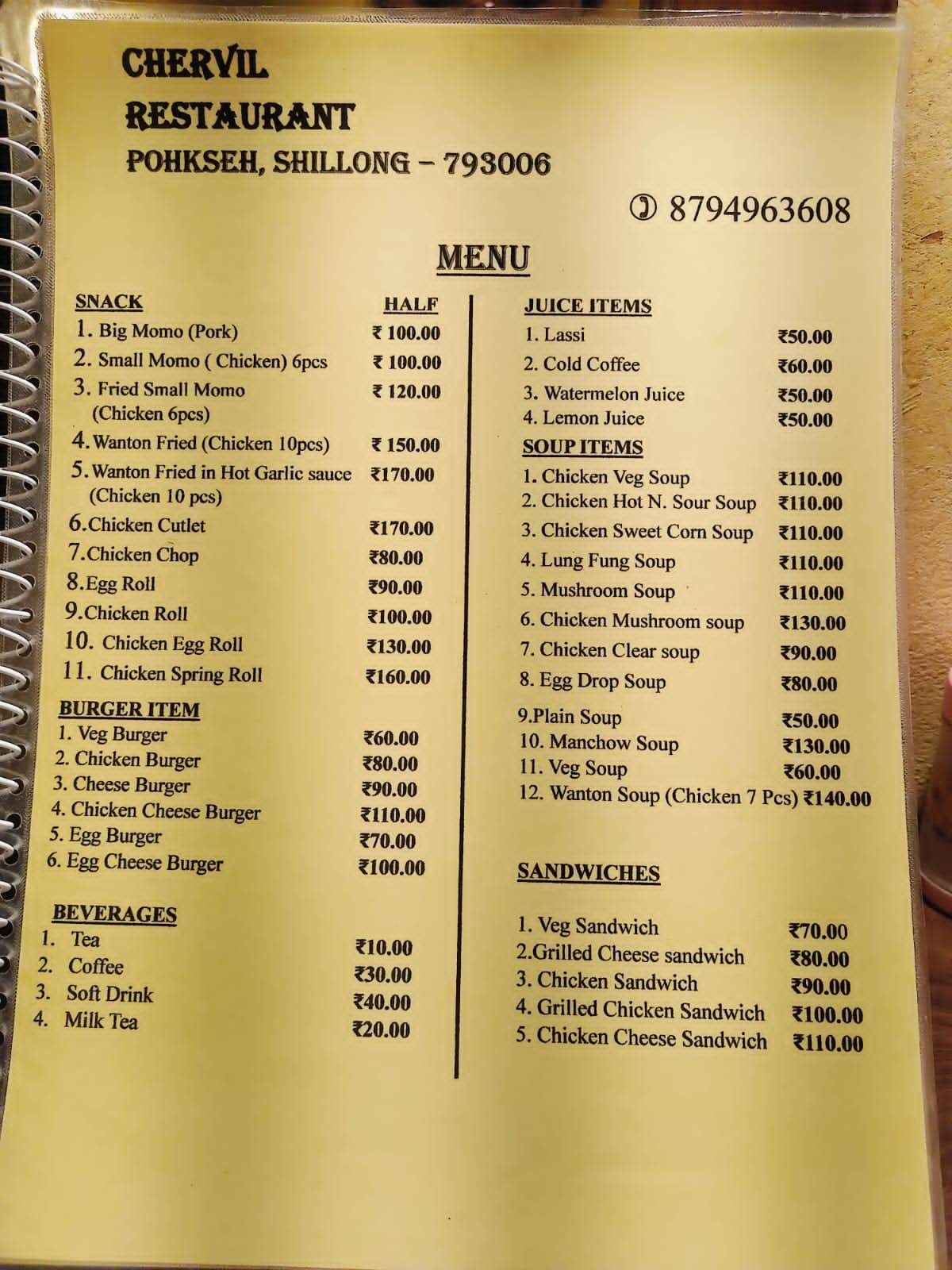Menu at Chervil Restaurant, Shillong