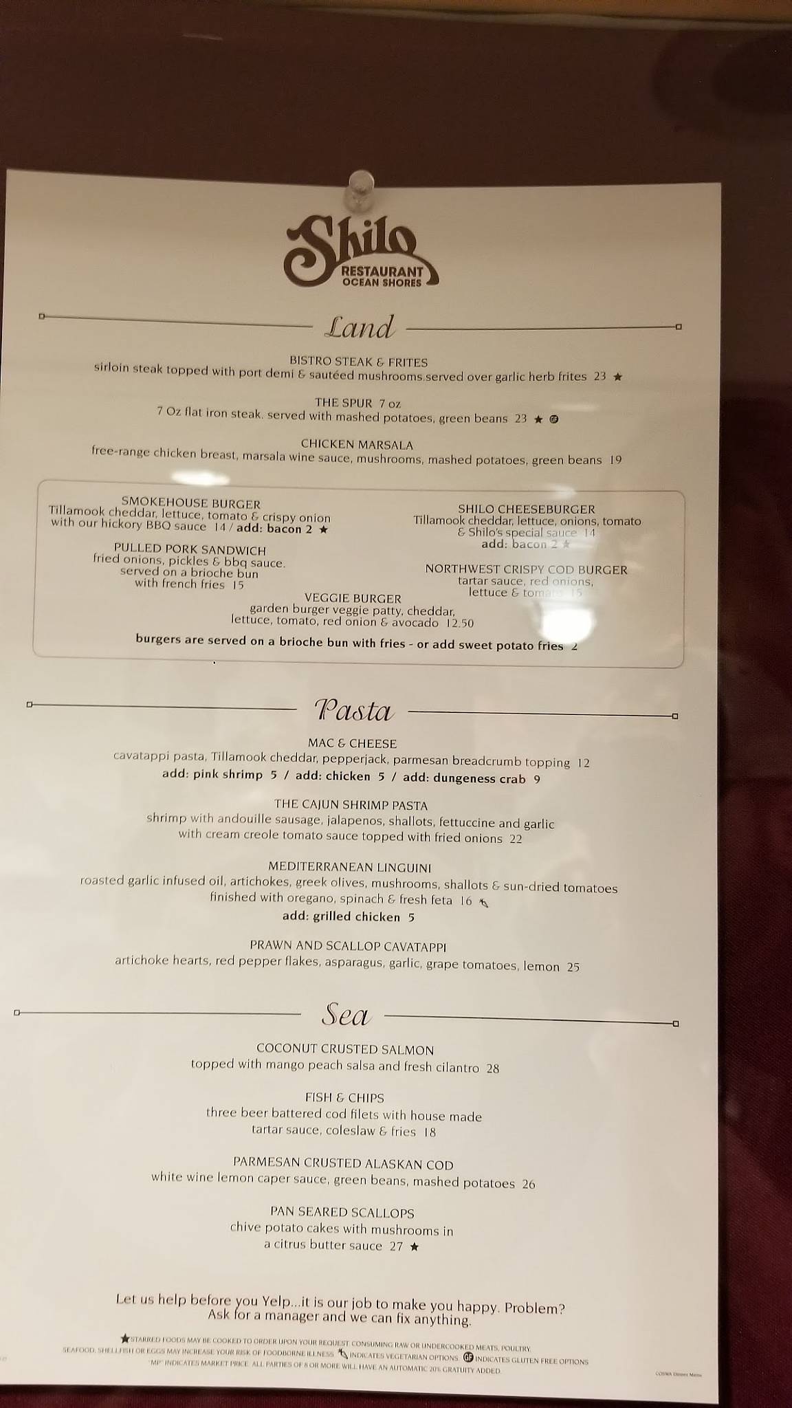 Menu at Shilo Restaurant Ocean Shores, Ocean Shores