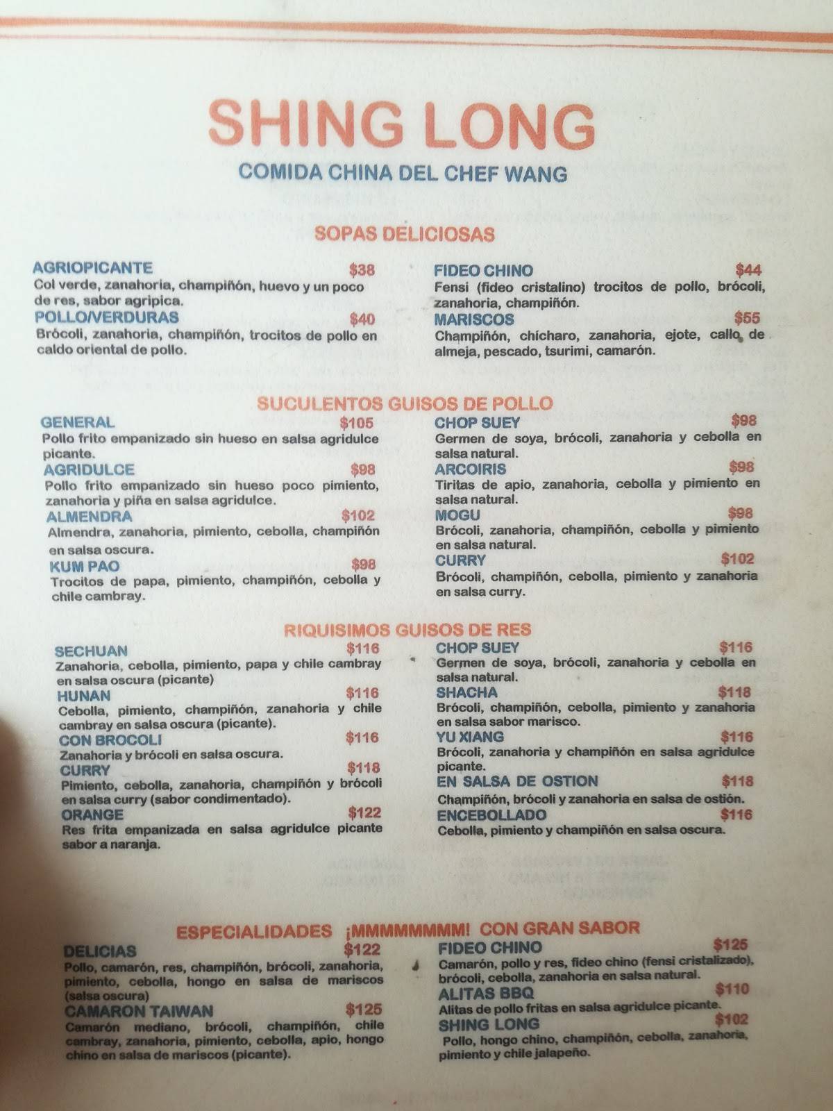 Carta del restaurante Shing Long, Monterrey, Av. Revolución 3448