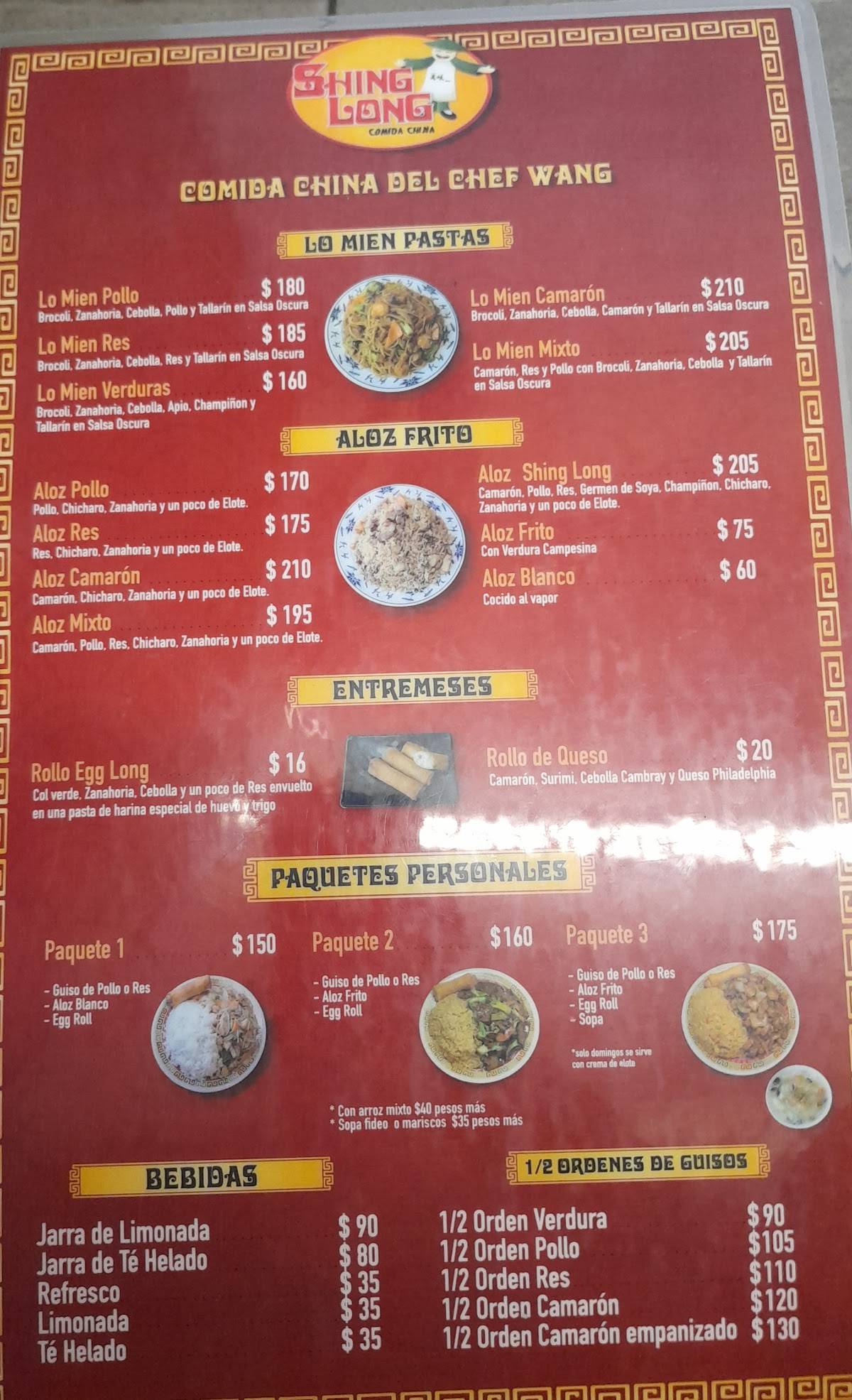 Carta del restaurante Shing Long, Monterrey, Av. Revolución 3448