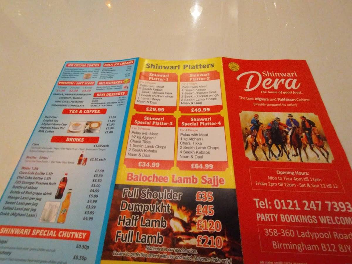 Menu at Shinwari Dera restaurant, Birmingham