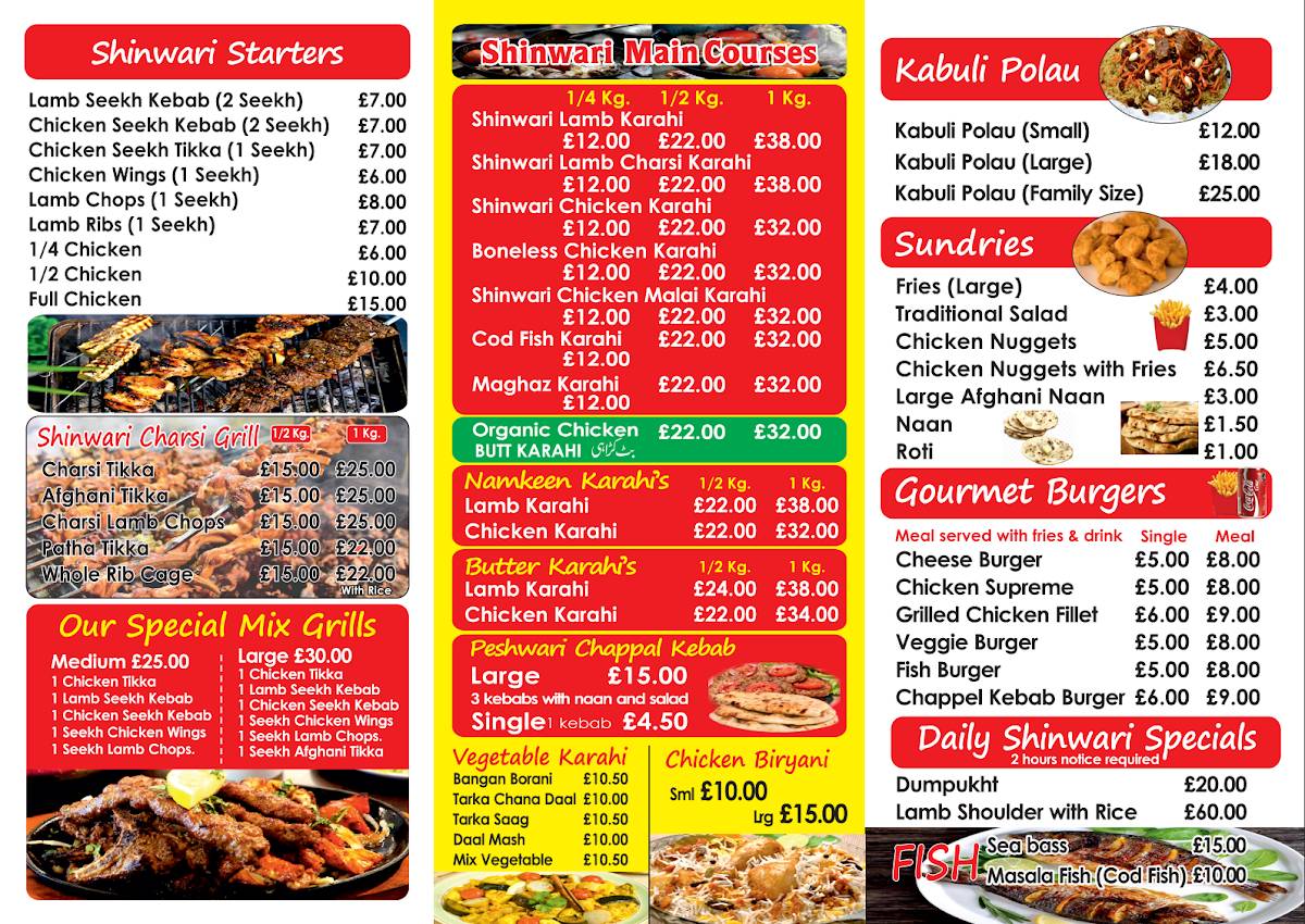 Menu at Shinwari Dera restaurant, Birmingham