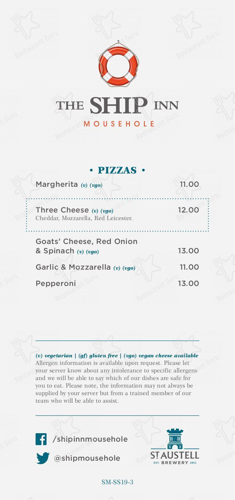 Menu at Ship Inn, Mousehole pub & bar, Penzance