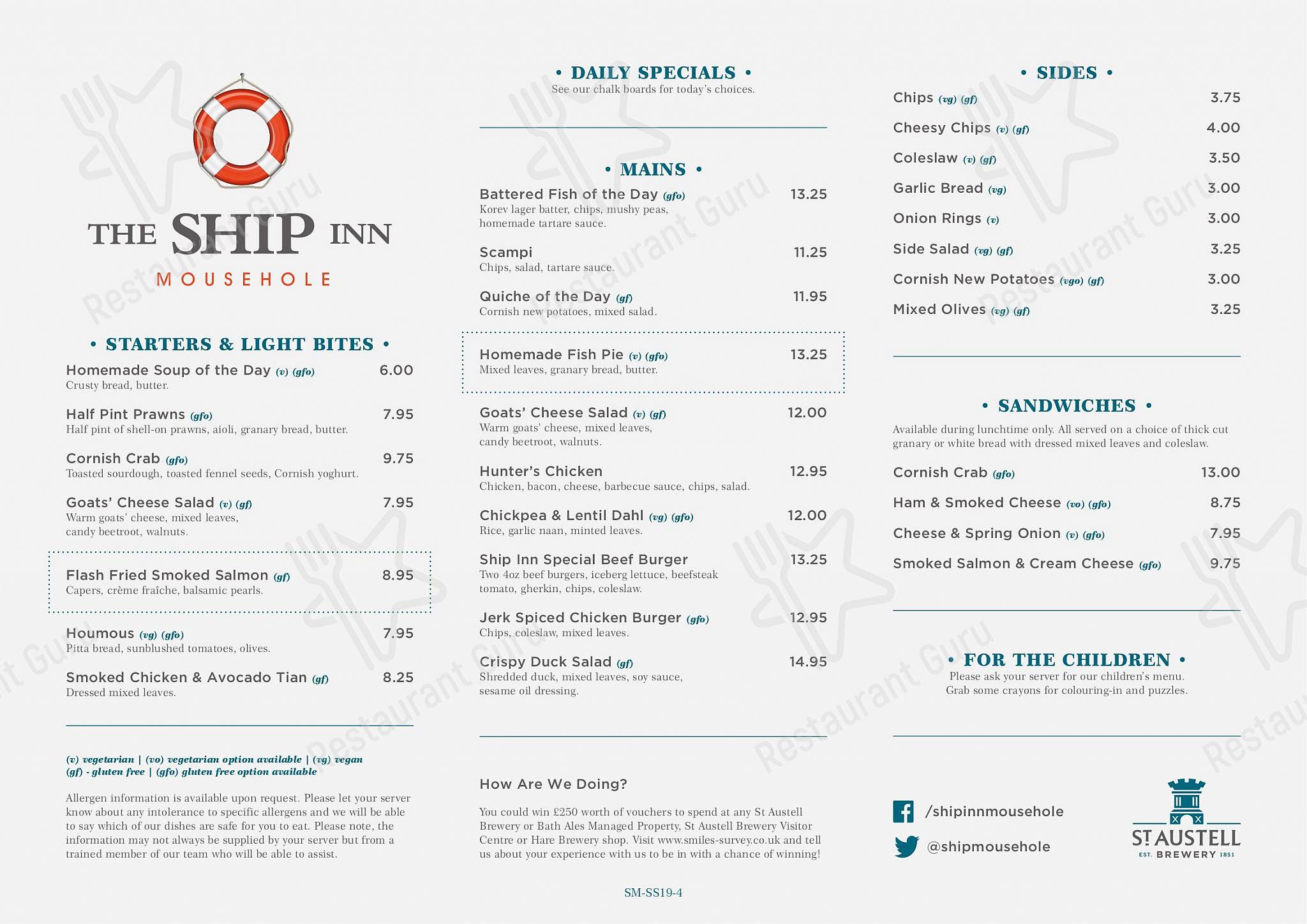 Menu at Ship Inn, Mousehole pub & bar, Penzance