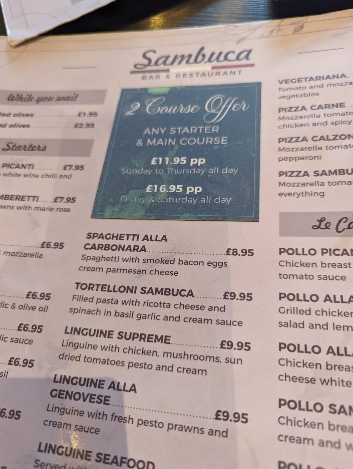 Menu at Sambuca restaurant, Shipley