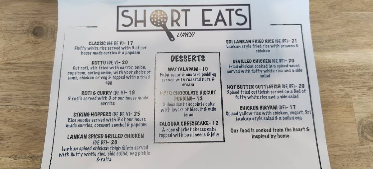 Menu at Short Eats Cafe, Phillip