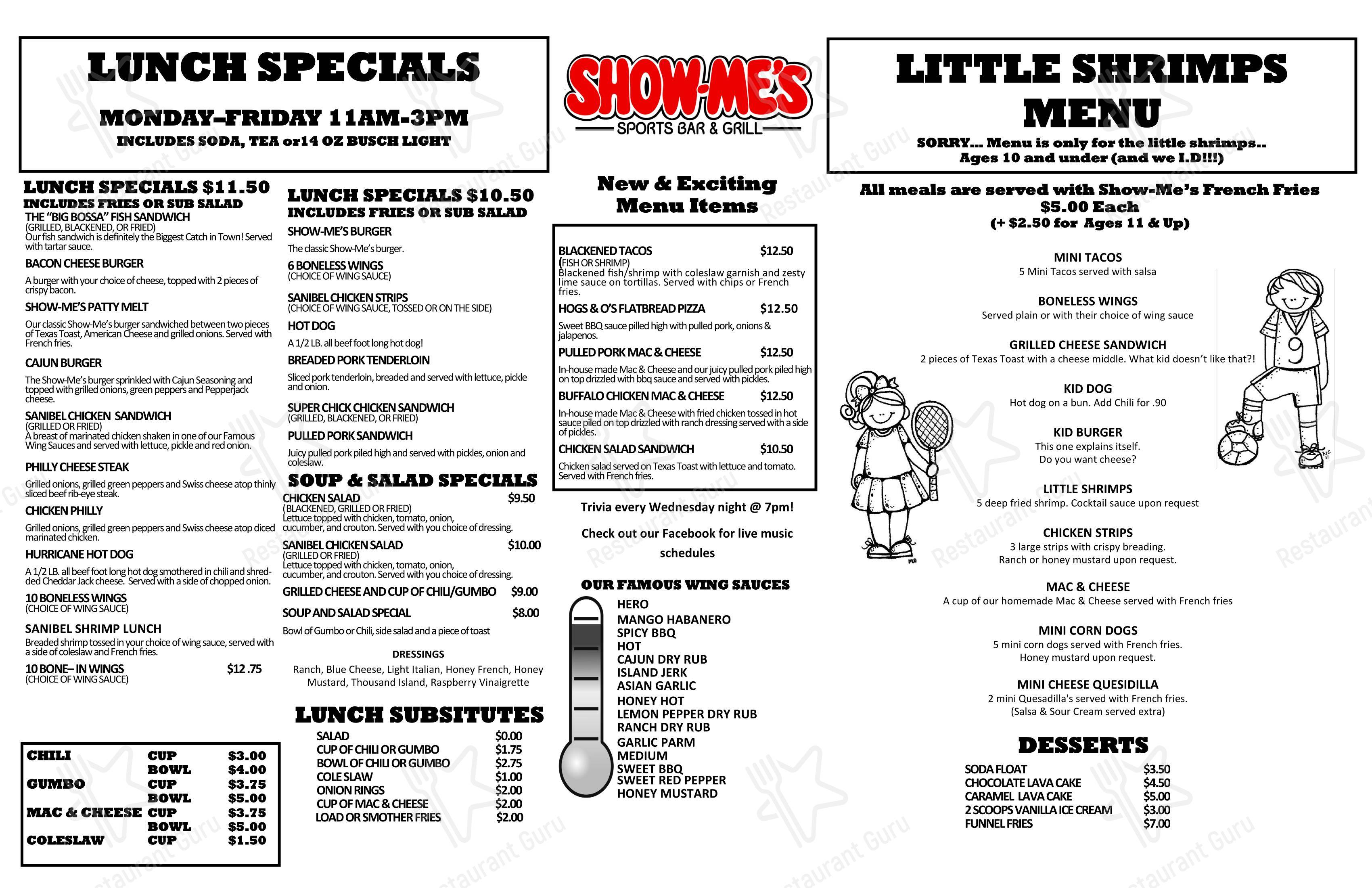 Menu at Show Me's pub & bar, Terre Haute