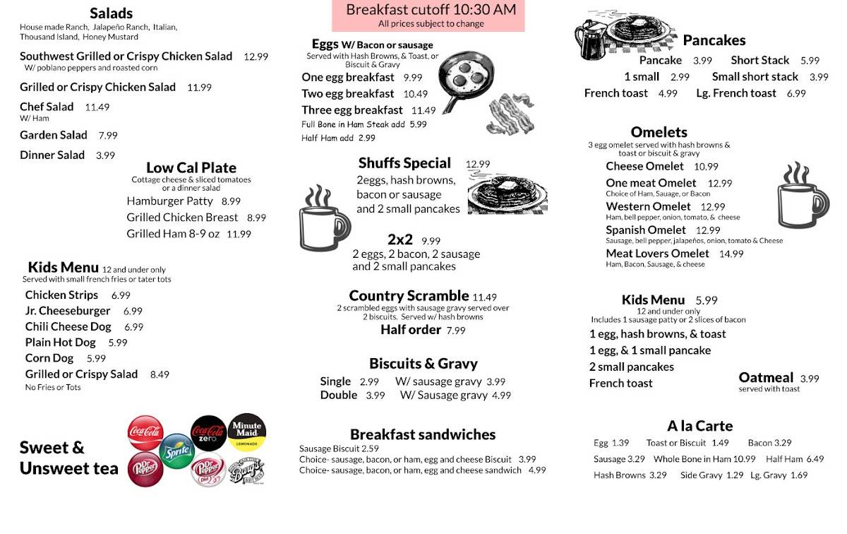 Menu at Shuff's Main Street Grill restaurant, Jones