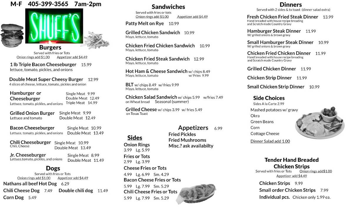 Menu at Shuff's Main Street Grill restaurant, Jones