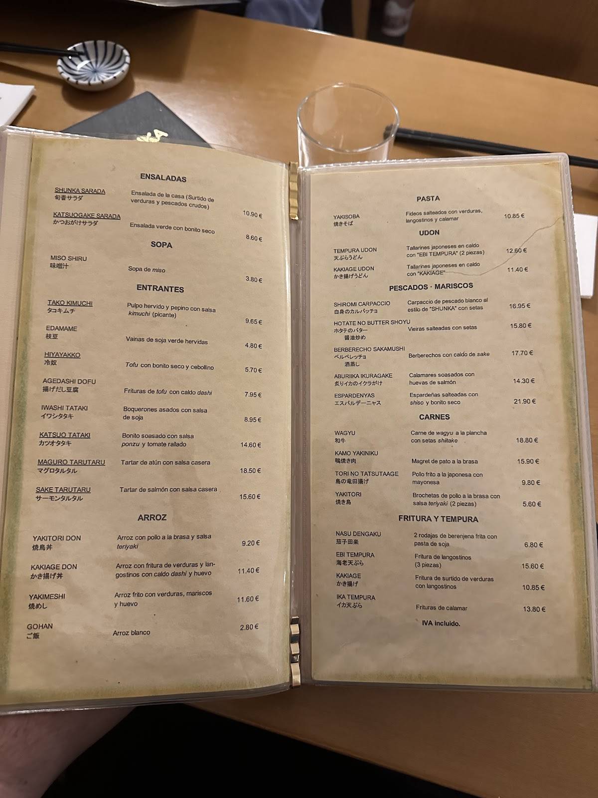 Carta del restaurante Shunka, Barcelona, Carrer dels Sagristans