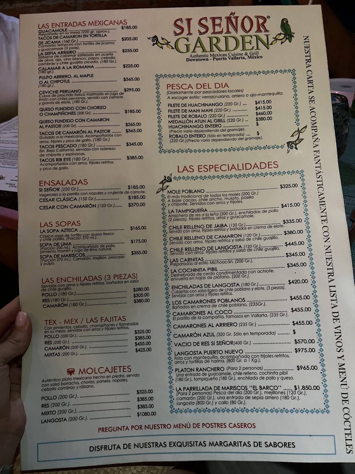 Menu at Si Señor restaurant, Puerto Vallarta, Josefa Ortiz de Domínguez 274