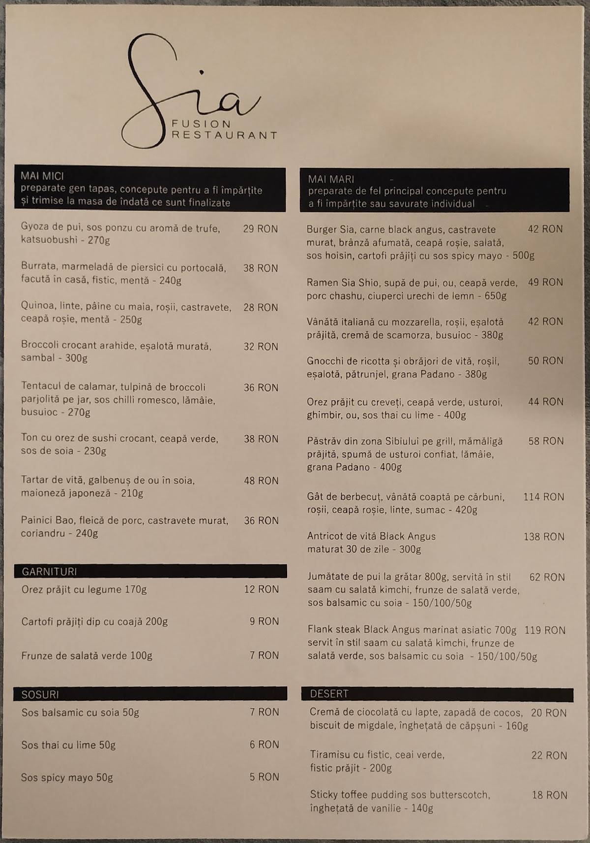 Carta de Sia Restaurant, Sibiu