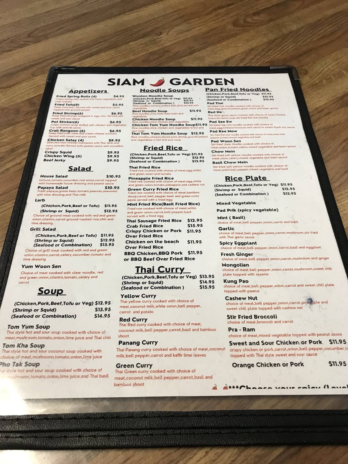Menu at Siam Garden restaurant, Las Vegas
