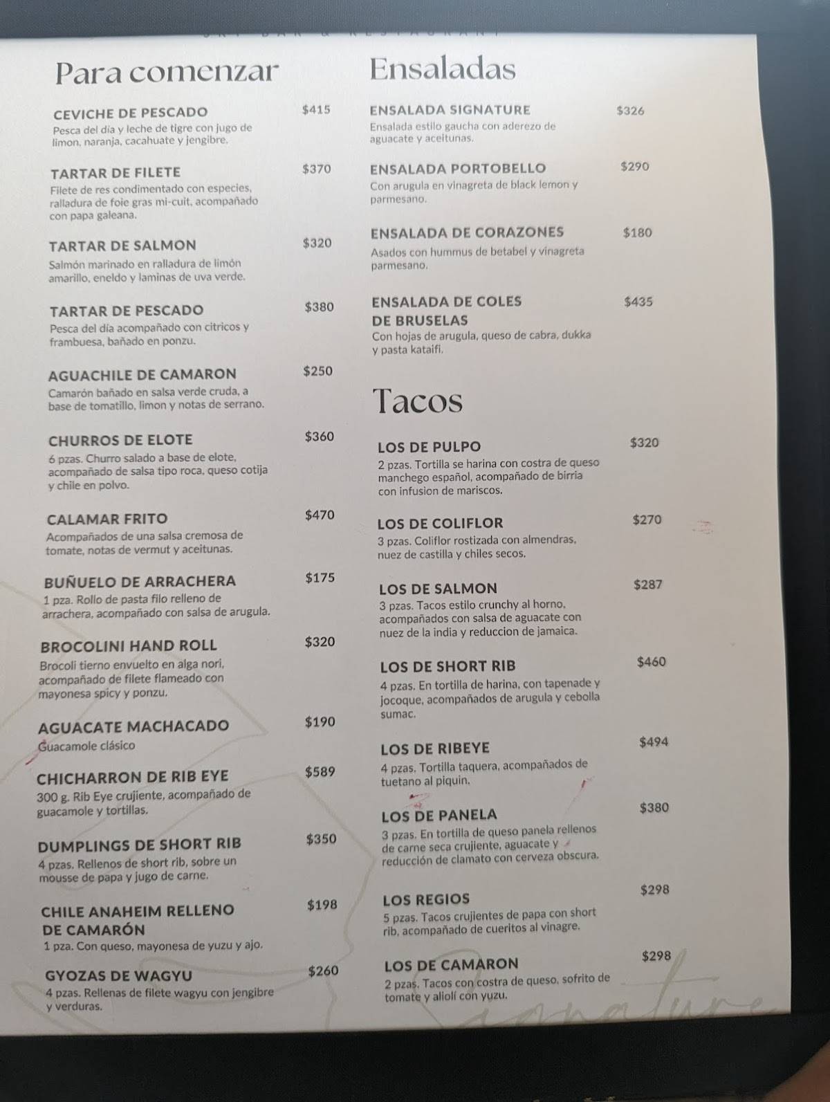 Carta de Signature Room Restaurant Bar & Famous Rooftop, Monterrey