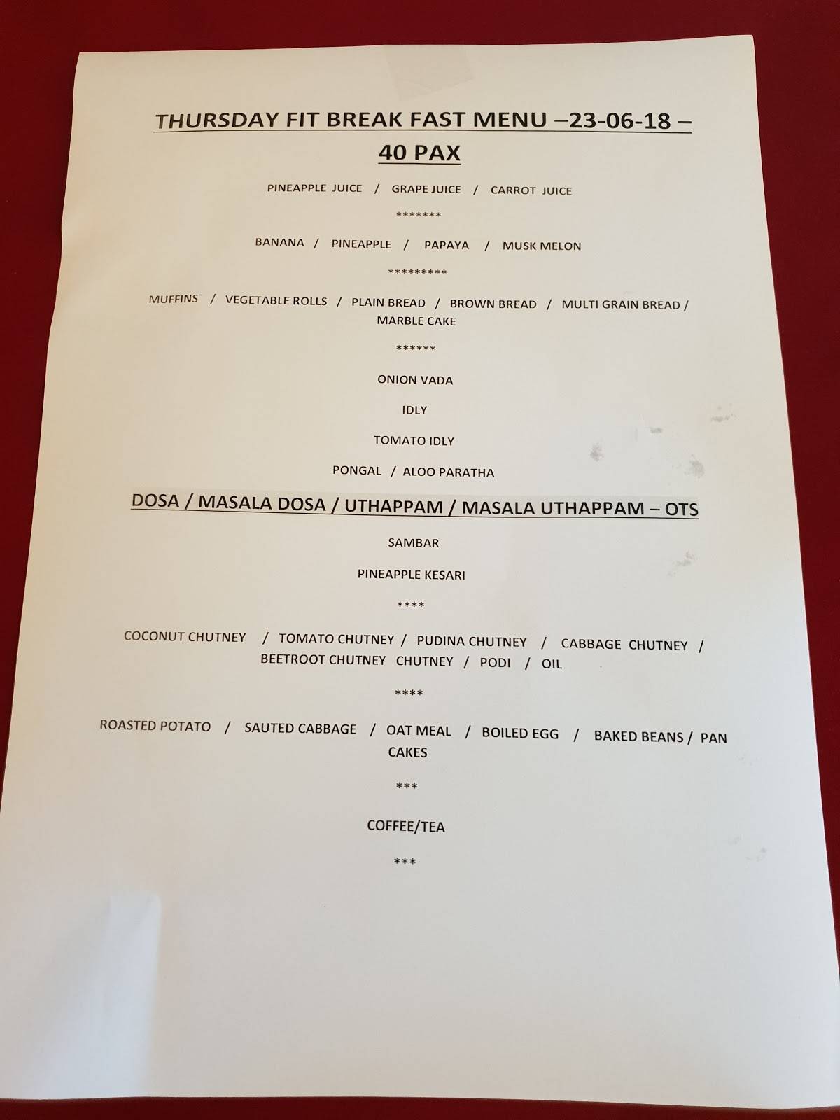 Menu at Silver Oak Restaurant, Kodaikanal