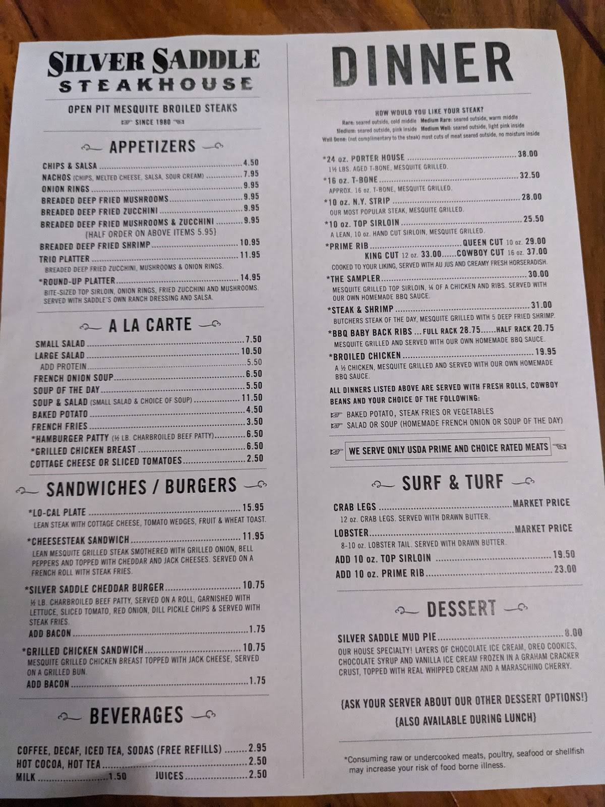 Menu at Silver Saddle Steakhouse, Tucson