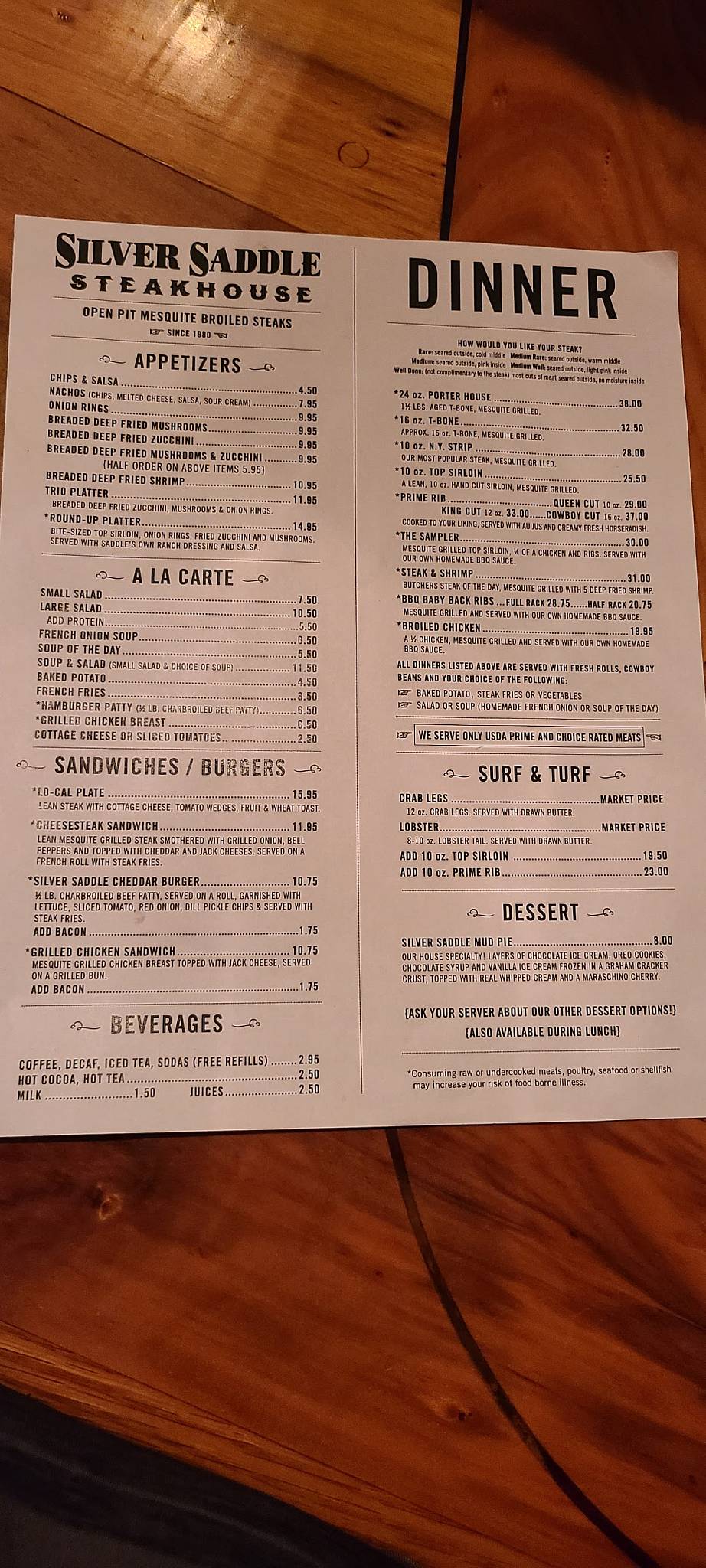 Menu at Silver Saddle Steakhouse, Tucson